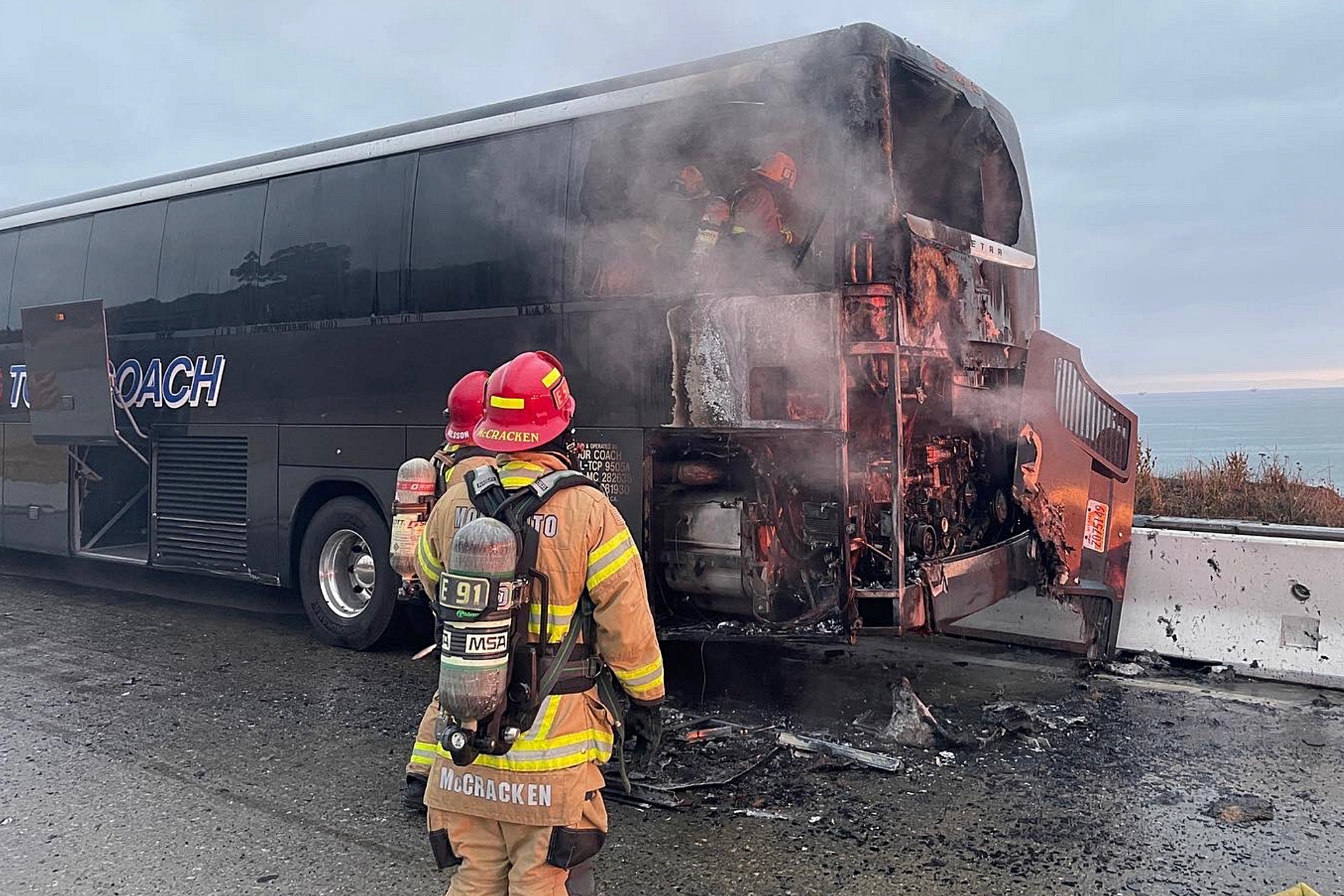 Passengers, Driver Escape After Tour Bus Catches Fire on Highway 101 in ...